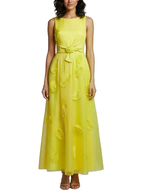 Paule Ka Sleeveless Boatneck Maxi Dress With Floral Appliqu - Yellow