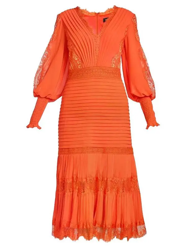 Tadashi Shoji Nyssa Bishop Lace-trimmed Pleated Midi Dress - Orange
