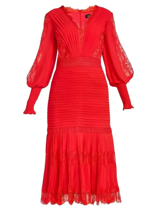 Tadashi Shoji Nyssa Bishop Lace-panelled Pleated Midi Dress - Red