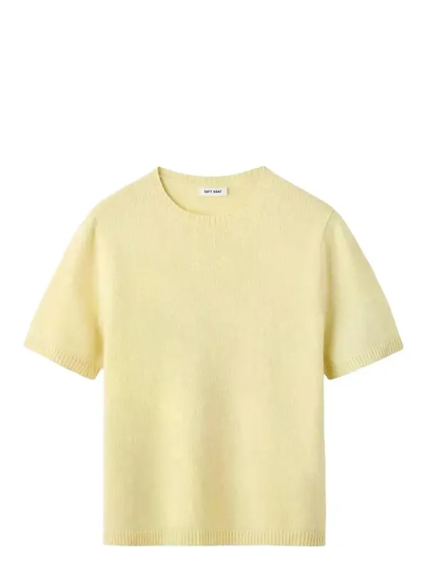 Soft Goat Fine Knit Ribbed Short Sleeve Sweater - Yellow