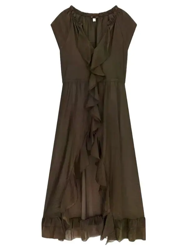 Guess Ruffled Trim High-low Dress With V-neck And Cap Sleeves - Brown