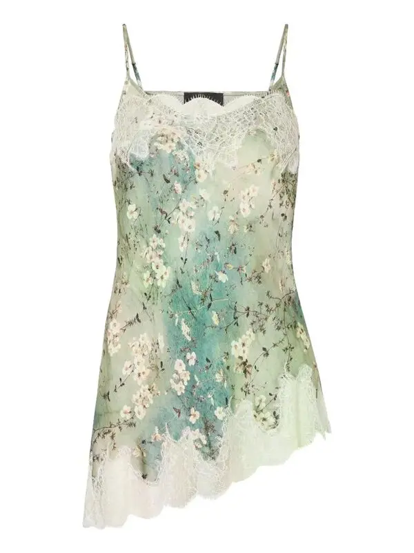 Liu Jo Printed Satin Top With Lace Detail - Green