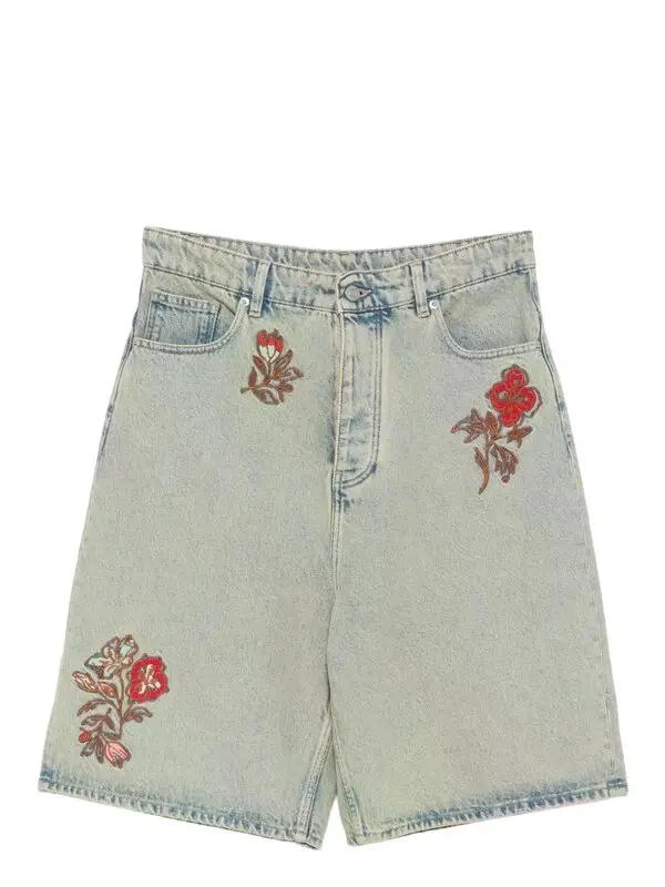 Drole De Monsieur Floral Embroidered Denim Shorts - Blue