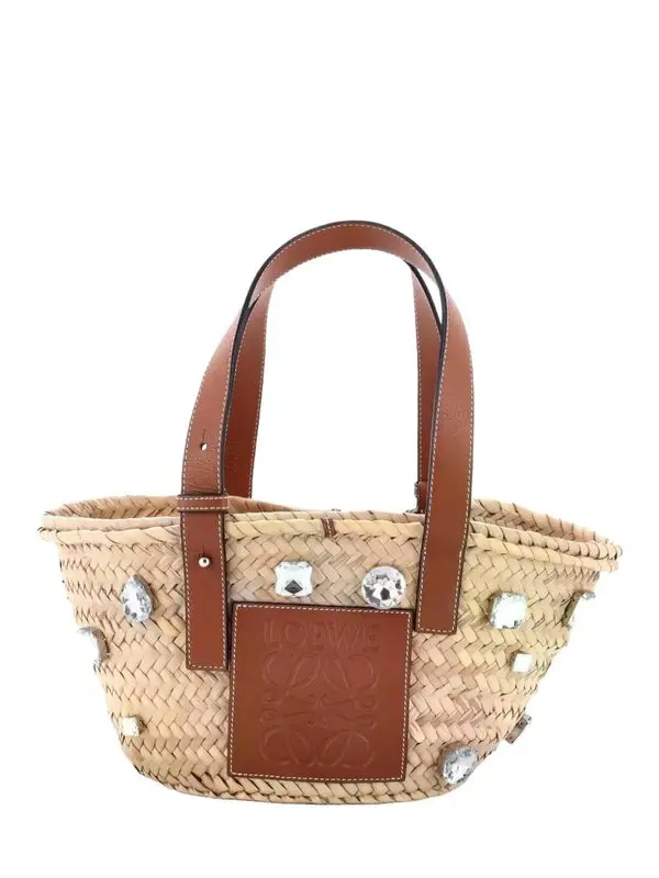 Loewe Crystal Embellished Raffia Small Tote Bag - Brown