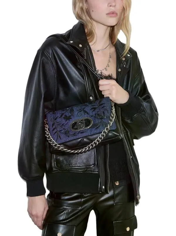 Liu Jo Medium Lapuffy Bag In Embroidered Denim With Micro Sequins - Black