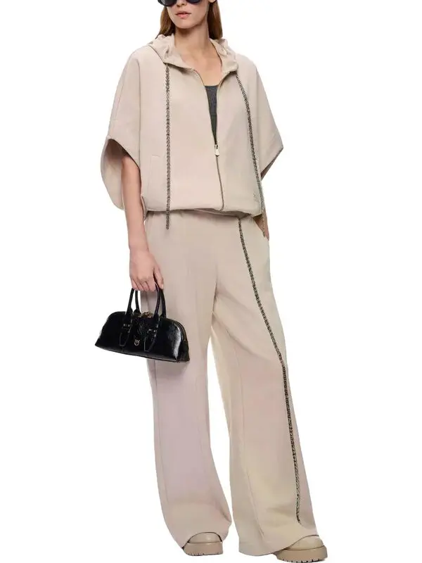 Pinko Short-sleeve Zip-up Hoodie With Chain Drawstrings - Neutrals