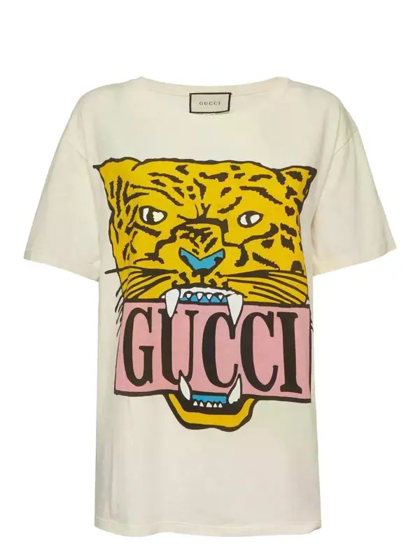 Gucci Tiger Print V-neck T-shirt - Neutrals