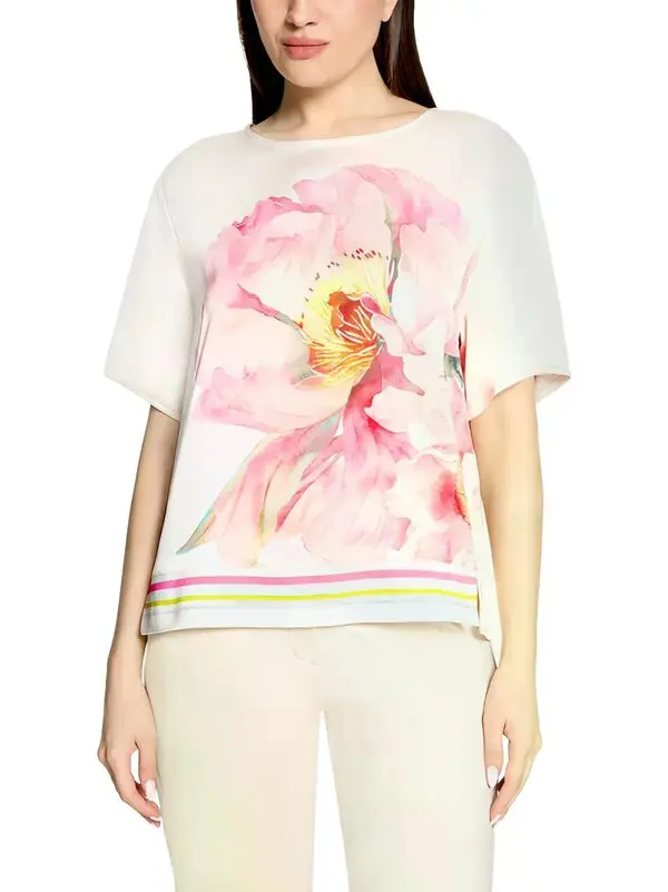 BETTY BARCLAY Floral Print T-shirt With Striped Hem - White