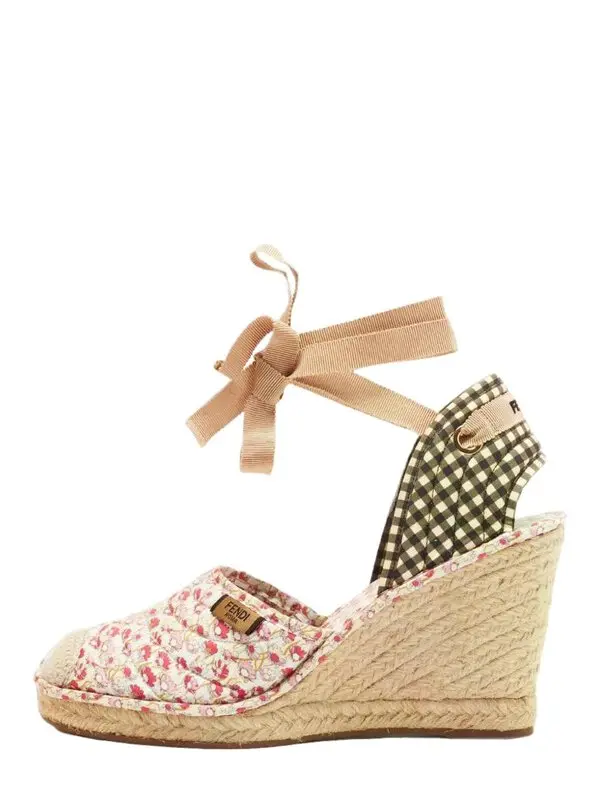 Fendi Floral Gingham Wedge Sandals - White