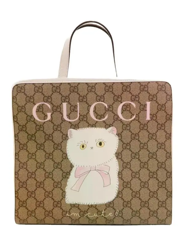 Gucci Gg Supreme Canvas Tote Bag With Cat Print - Brown