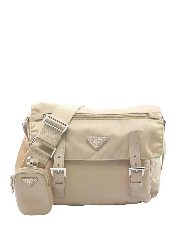 Prada Tessuto Zip Double Buckle Messenger Bag - Neutrals
