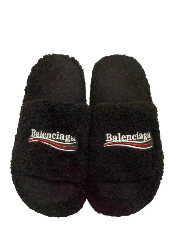 Balenciaga Shearling Platform Flat Sandals - Black