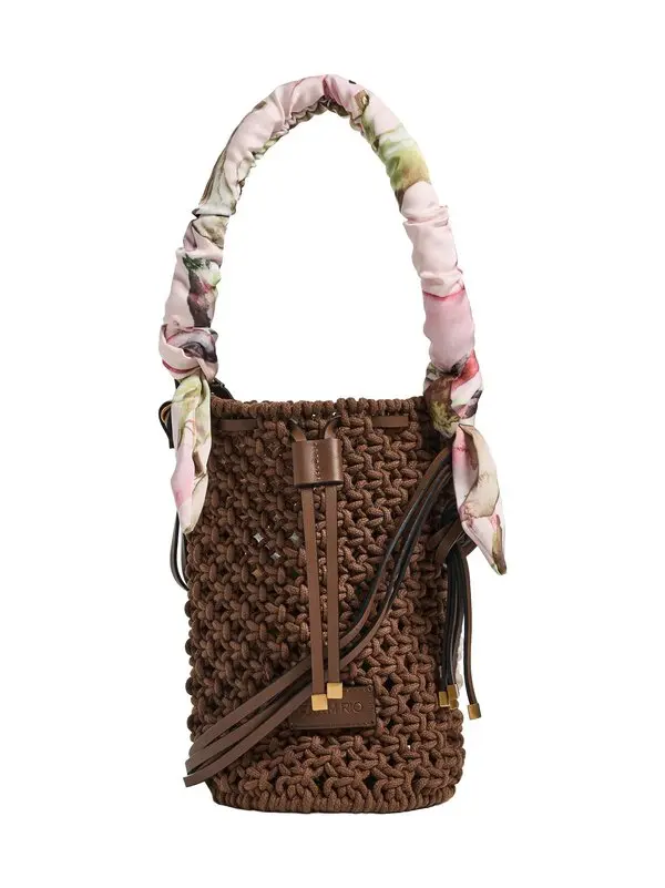 Farm Rio Macrame Shoulder Bag With Floral Top Handle - Walnut