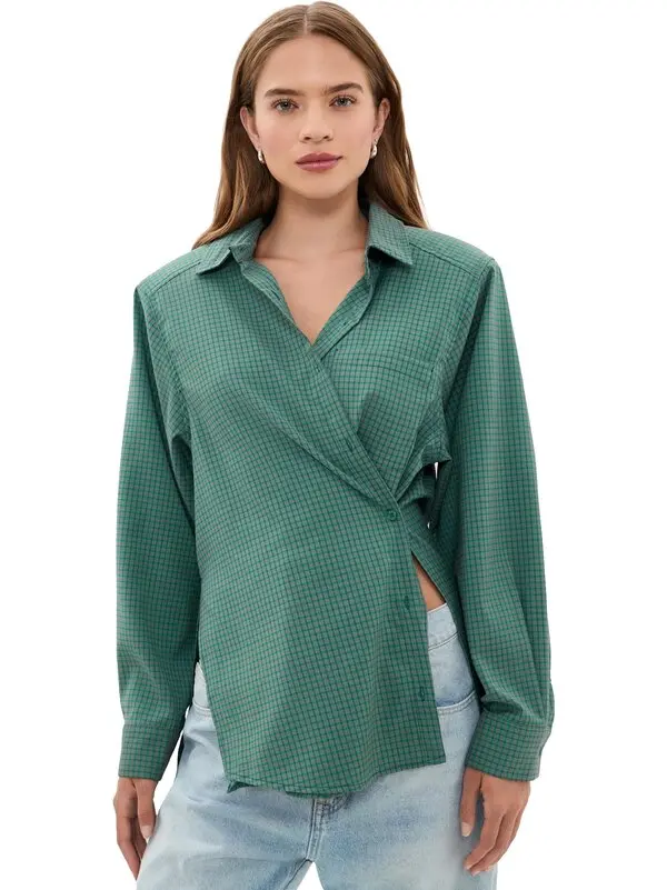 Lioness Notting Hill Plaid Shirt With Padded Shoulders And Split Hem - Forest Plaid