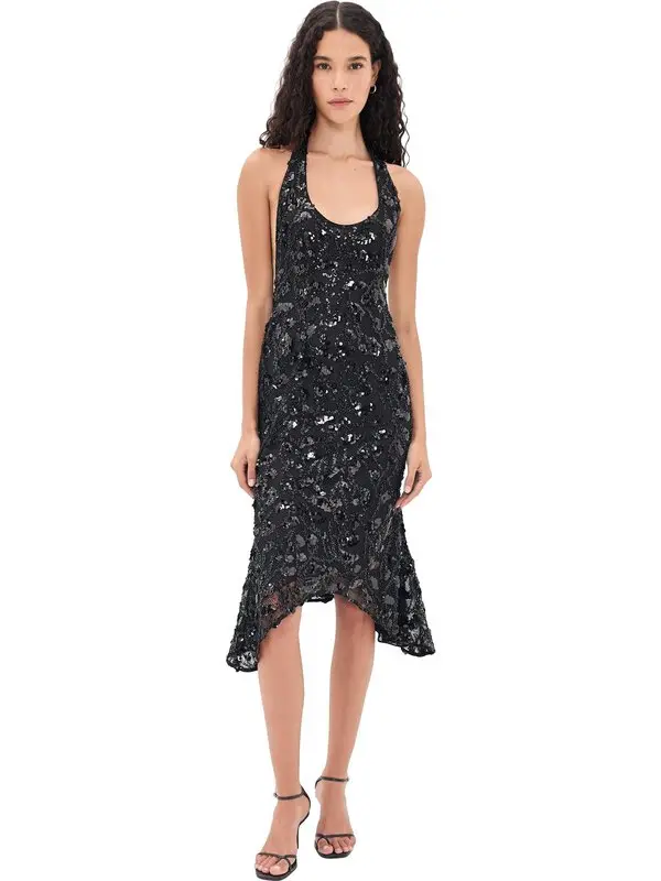 GUIZIO Gisele Sequin Lace Halterneck Dress - Black