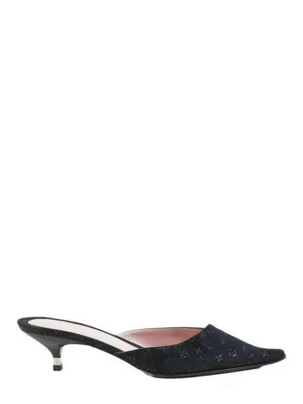 LOUIS VUITTON Monogram Canvas Pointed Toe Kitten Heel Mules - Black