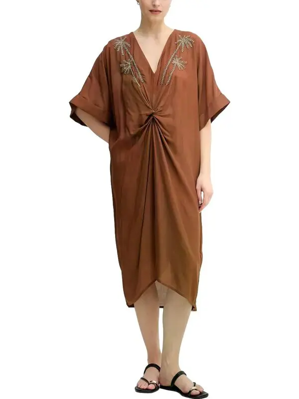 LOLA CASADEMUNT Bead-embellished Twist-front Midi Dress - Brown