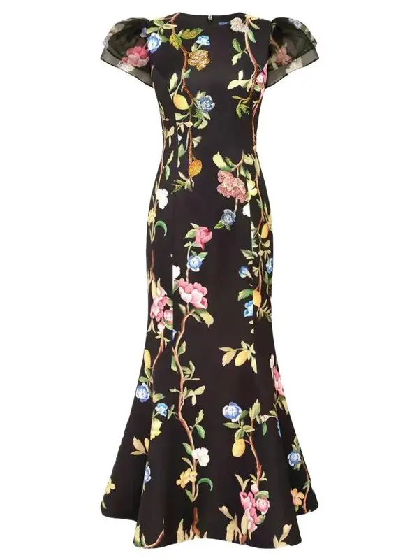 LEO LIN Sofia Floral-print Puff-sleeve Maxi Dress - Black