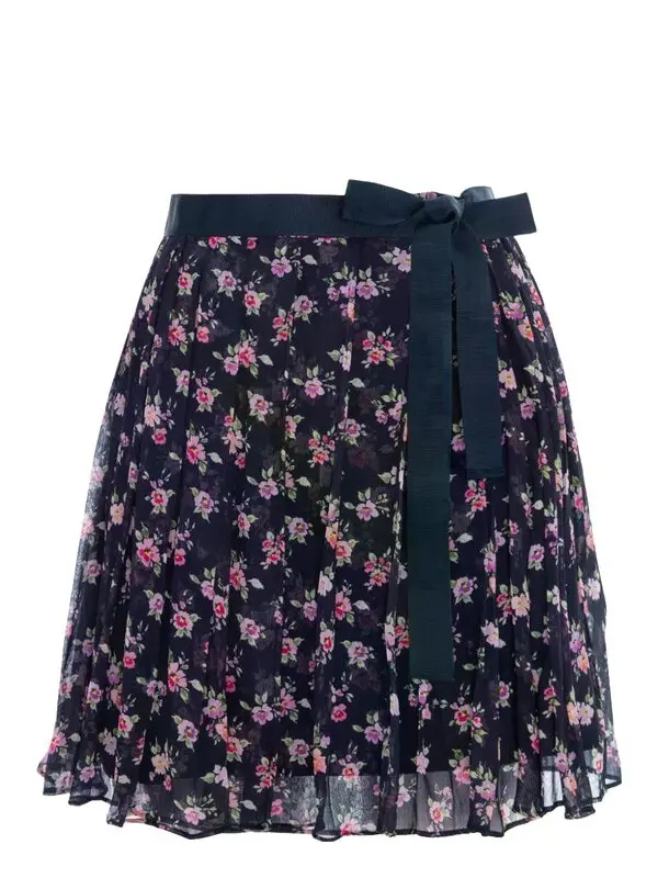 CUANNA Floral Print Pleated A-line Skirt With Side Tie - Blue