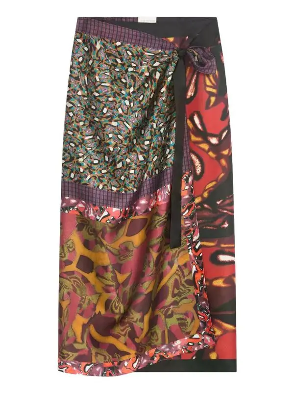 Dries Van Noten Silk Twill Foulard Print Wrap Skirt - Brown