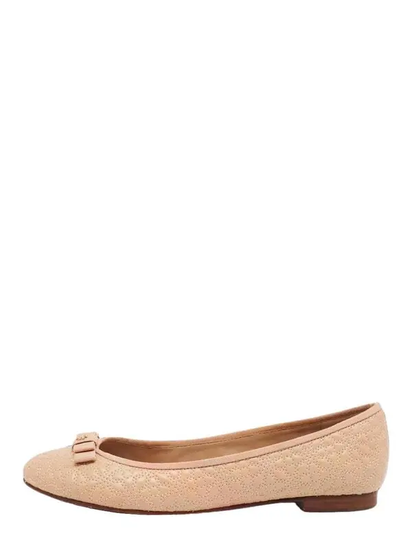 Tory Burch Quilted Leather Ballet Flats With Double T Logo Bow Detail - Neutrals