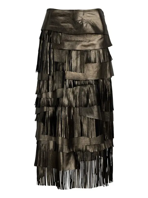 Ralph Lauren Leather Fringe Tiered Maxi Skirt - Gold