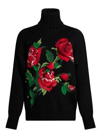 Dolce & Gabbana Virgin Wool And Cashmere Turtleneck With Floral Appliqués - Black