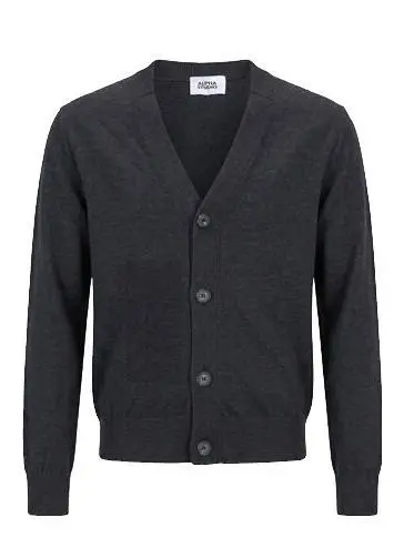 Alpha Studio Merino Wool Cardigan With Leather Trims - Grey