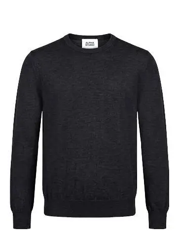 Alpha Studio Charcoal Merino Wool Sweater With Ovine Leather Trims - Grey