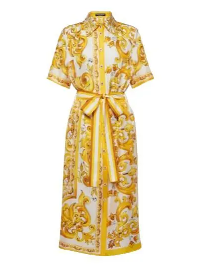 Dolce & Gabbana Majolica Silk Twill Shirt Dress - Yellow