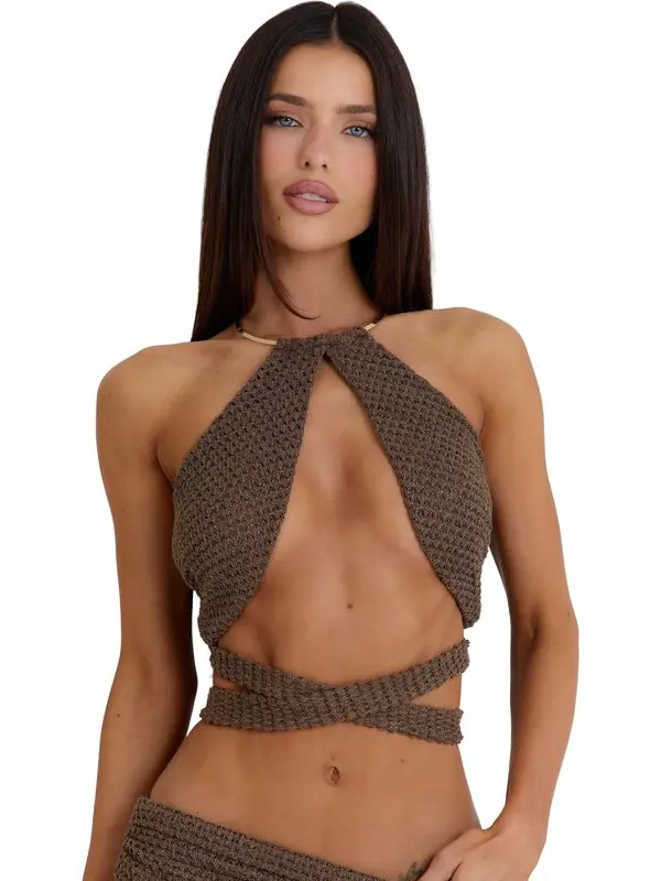 OUTCAST Nevvaeh Crop Top Knit Halter With Crossover Detail - Brown