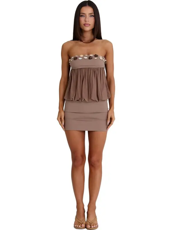 OUTCAST Teegan Mini Dress With Resin Bead Embellishments - Tan