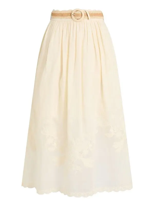 Zimmermann Belted Embroidered Linen Midi Skirt - Ecru