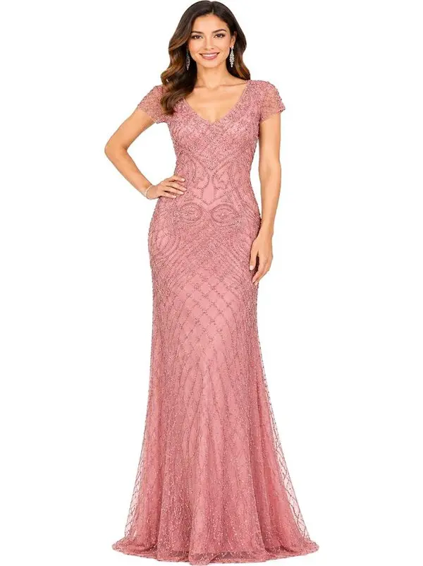 LARA NEW YORK Embellished V-neck Cap Sleeve Gown - Rose