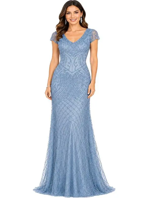 LARA NEW YORK Embellished V-neck Cap Sleeve Gown - Slate