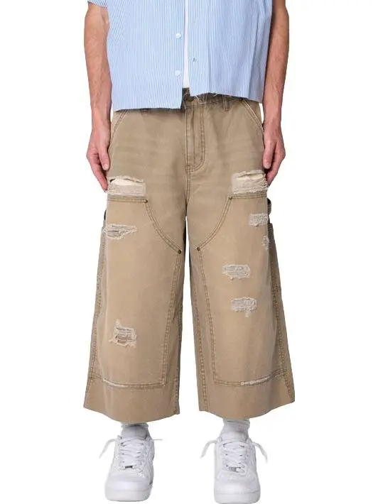 Mnml Distressed Extra Long Carpenter Denim Shorts - Olive