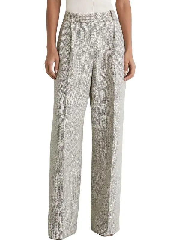 REISS Ezra Herringbone High Waist Wide Leg Pants - Neutral