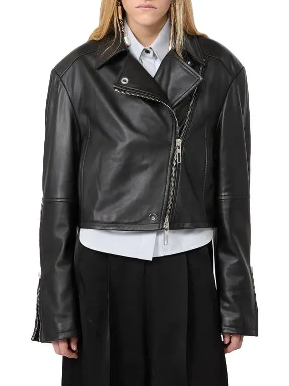 Sportmax Vicario Leather Crop Jacket With Fringe - Black