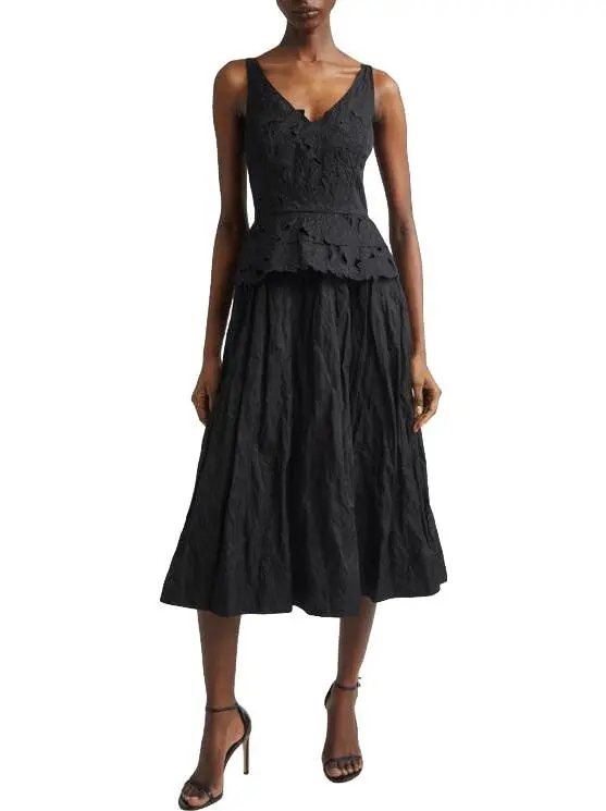 JASON WU Floral Embroidered Crinkled Peplum Midi Dress - Black