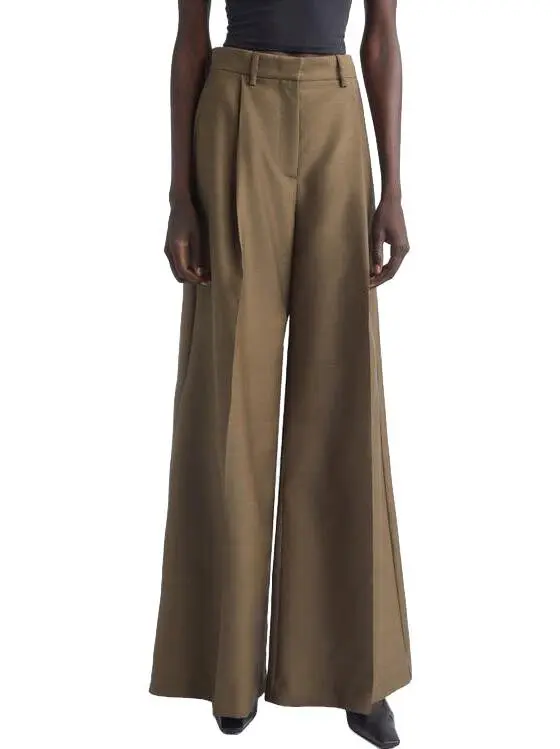 HEIRLOME Laurence Pleated Wool & Silk Wide Leg Trousers - Olive