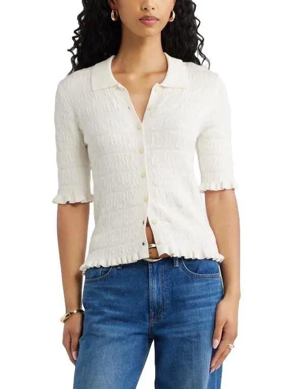 OPEN EDIT Textured Short Sleeve Collared Cardigan - Ivory