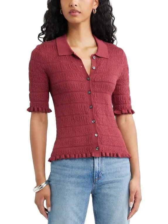 OPEN EDIT Textured Short Sleeve Collared Cardigan - Red Ruby