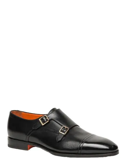 Santoni Axel Double Monk Strap Cap Toe Shoe - Black
