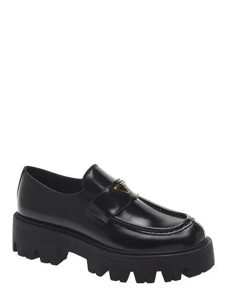 Prada Brushed Leather Lug Sole Platform Loafers - Nero