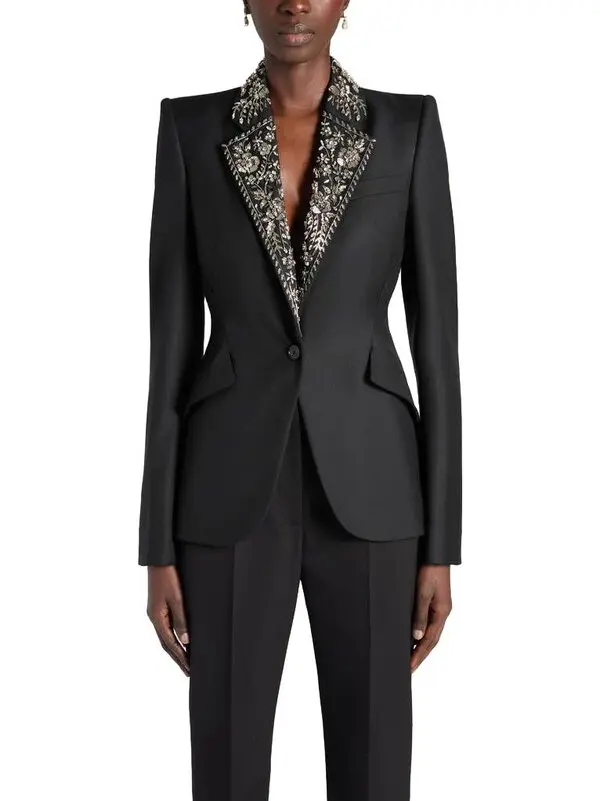 Alexander McQueen Embroidered Lapel Single-breasted Wool Jacket - Black