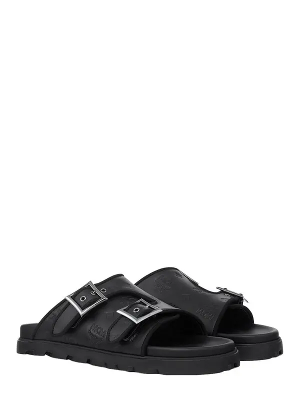 Mcm Embossed Monogram Leather Sandals With Buckle Detail - Black