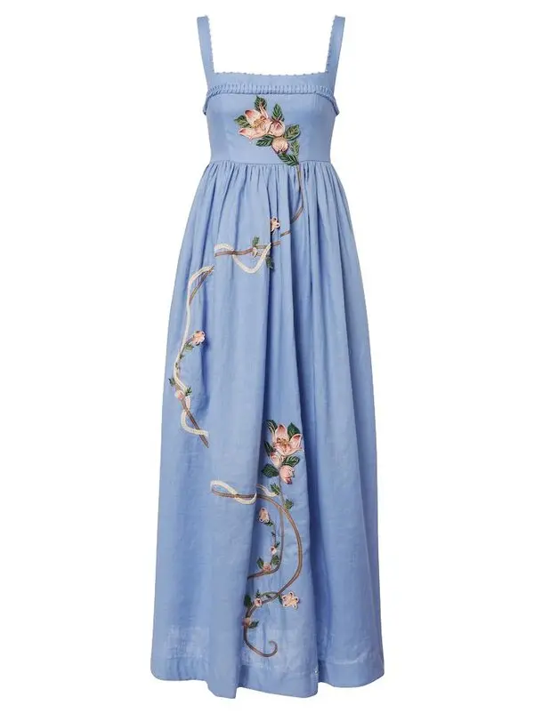 Agua Bendita Barbara Embroidered Linen Maxi Dress - Blue