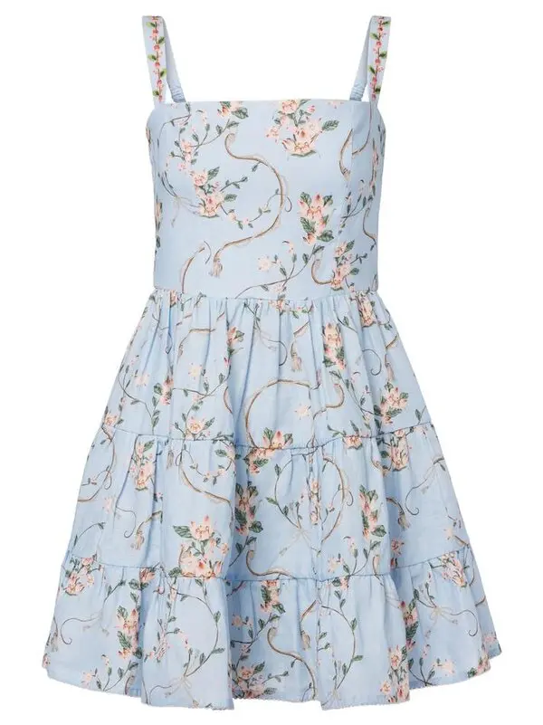 Agua Bendita Floral Tiered Linen Mini Dress - Blue