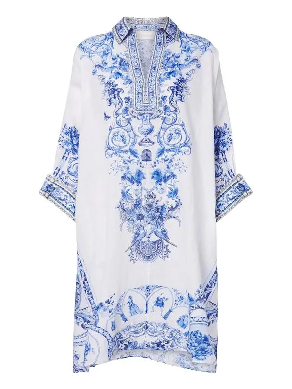 Camilla Floral Crystal-embellished Linen Kaftan - Blue
