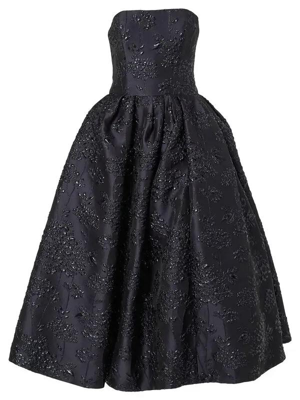 Carolina Herrera Strapless Floral Bouquet Lurex Midi Dress - Navy